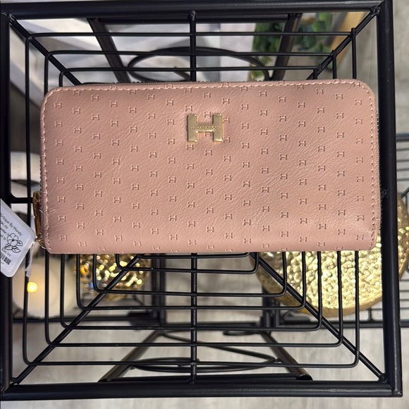 H by Halston | Bags | Halston Logo Zip Around Clutch Wallet Pink Wgold ...